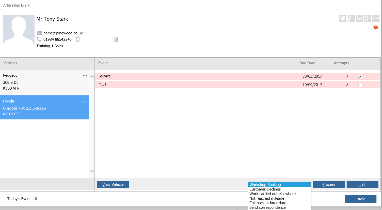 📝 Aftersales Diary Processing Screen – Pinewood Technologies PLC