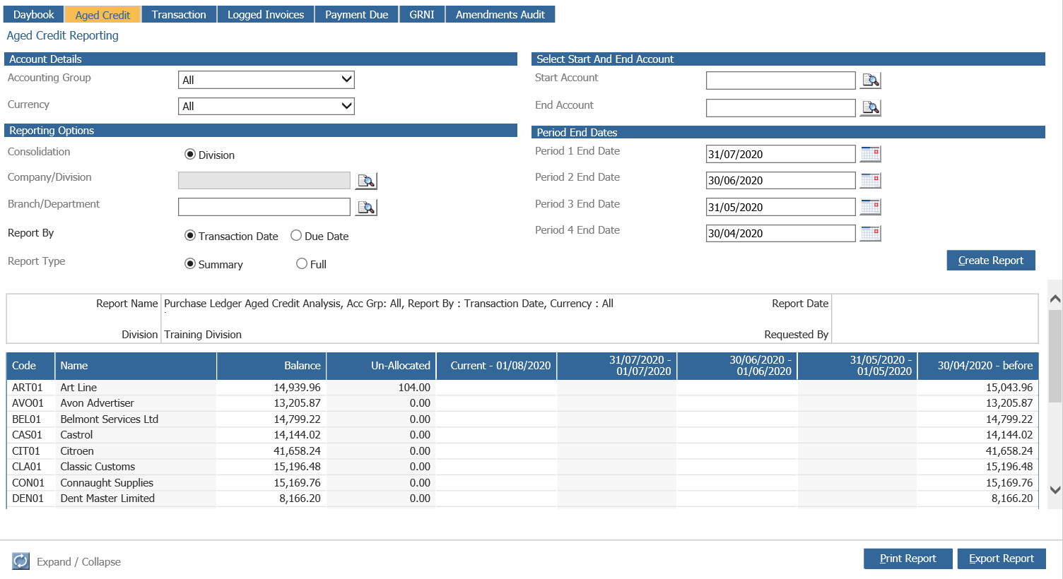 📝 Purchase Ledger Aged Credit Report – Pinewood Technologies PLC